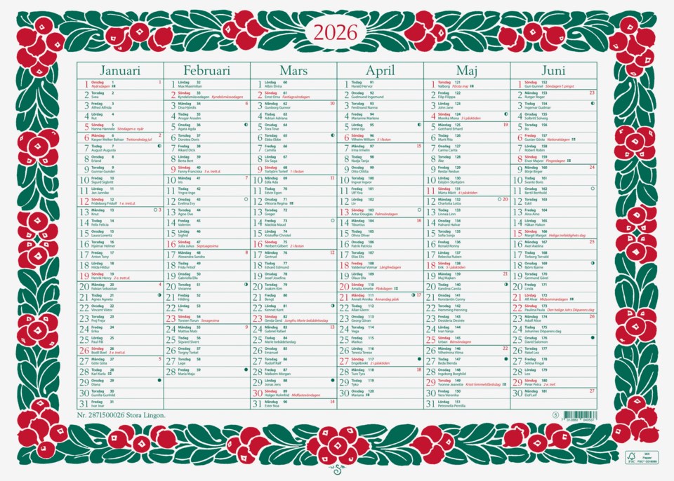 Väggkalender Almanacksfrlaget Stora Lingon, 49x35 cm, namnsdagar ...